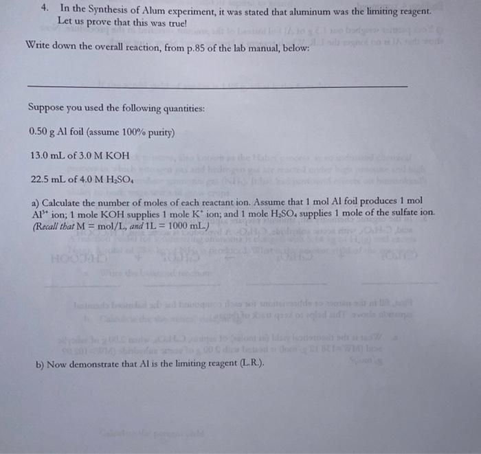 Solved 4. In the Synthesis of Alum experiment, it was stated | Chegg.com