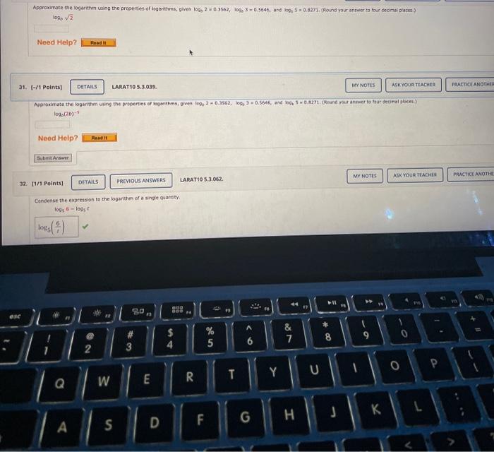 Solved De Approximate the logarithm using the properties of | Chegg.com