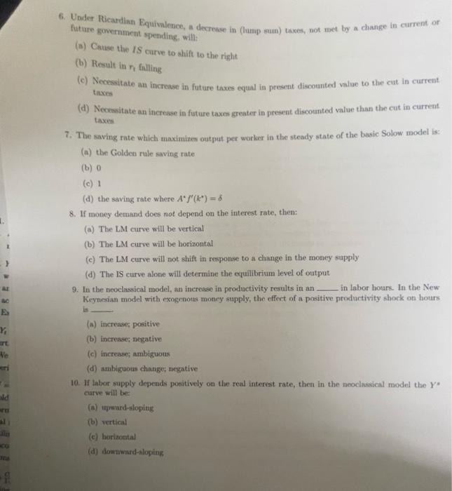 Solved 6. Under ficardian Equivalence, a decrease in (lump | Chegg.com