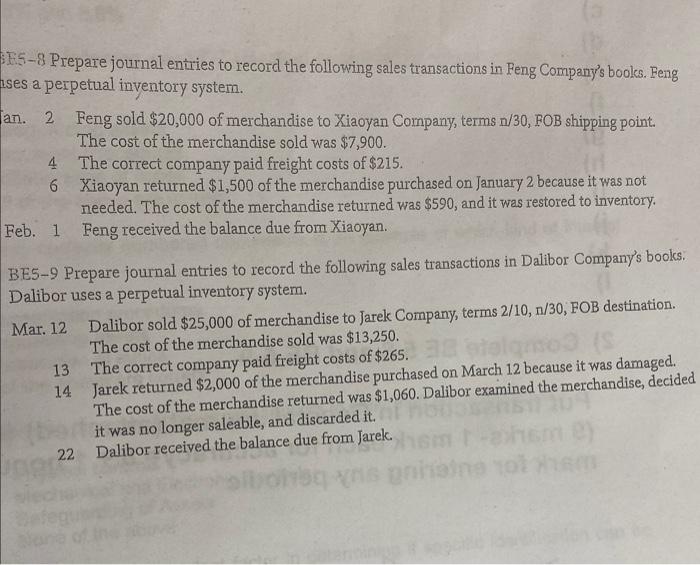 Solved F5-8 Prepare journal entries to record the following | Chegg.com
