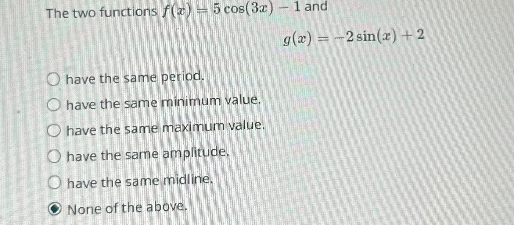 Solved The two functions f(x)=5cos(3x)-1 | Chegg.com