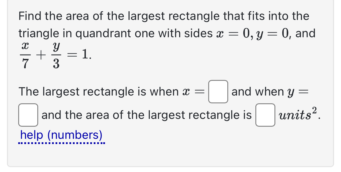 Solved Find the area of the largest rectangle that fits into | Chegg.com