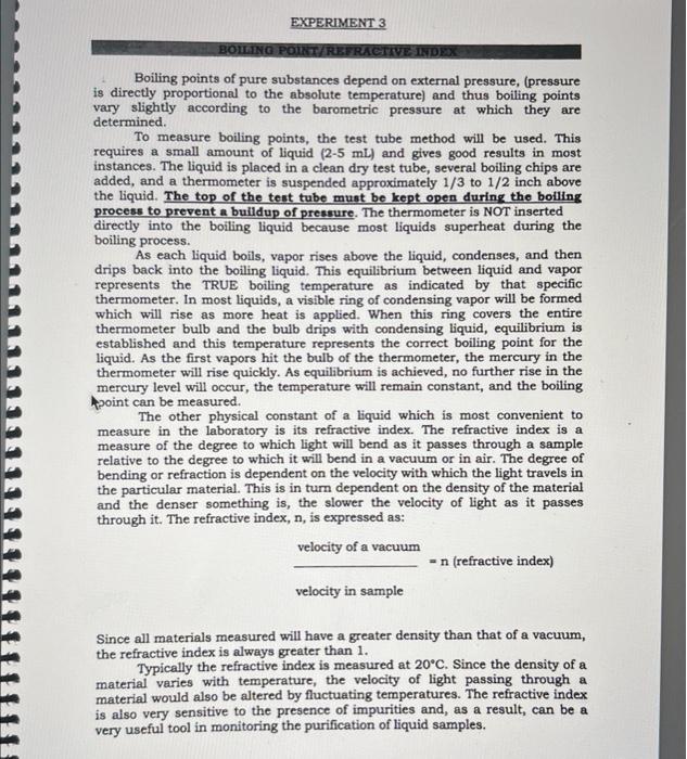 Solved EXPERIMENT 3 BOILING POINT/REFRACTIVE INDEX Boiling | Chegg.com