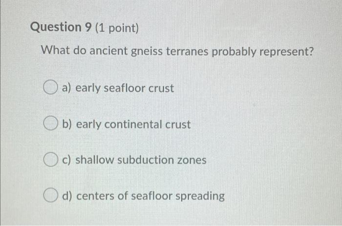 Solved Question 9 (1 point) What do ancient gneiss terranes | Chegg.com