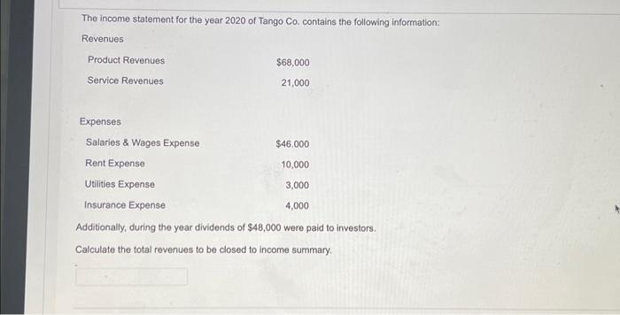 Solved The income statement for the year 2020 of Tango Co. | Chegg.com