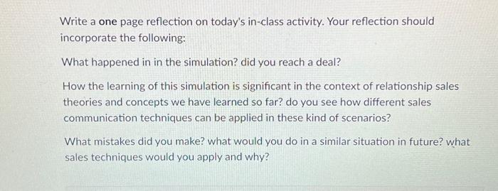 Solved Write a one page reflection on today's in-class | Chegg.com