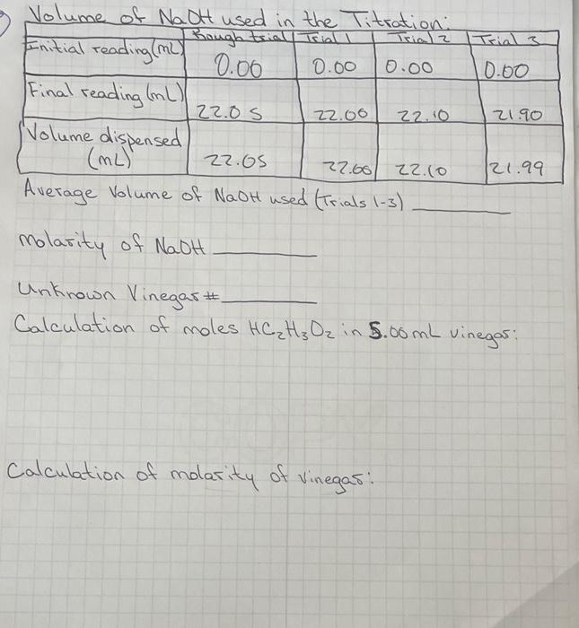 Solved Average volume of NaOH used (Trials (−3) molarity of | Chegg.com