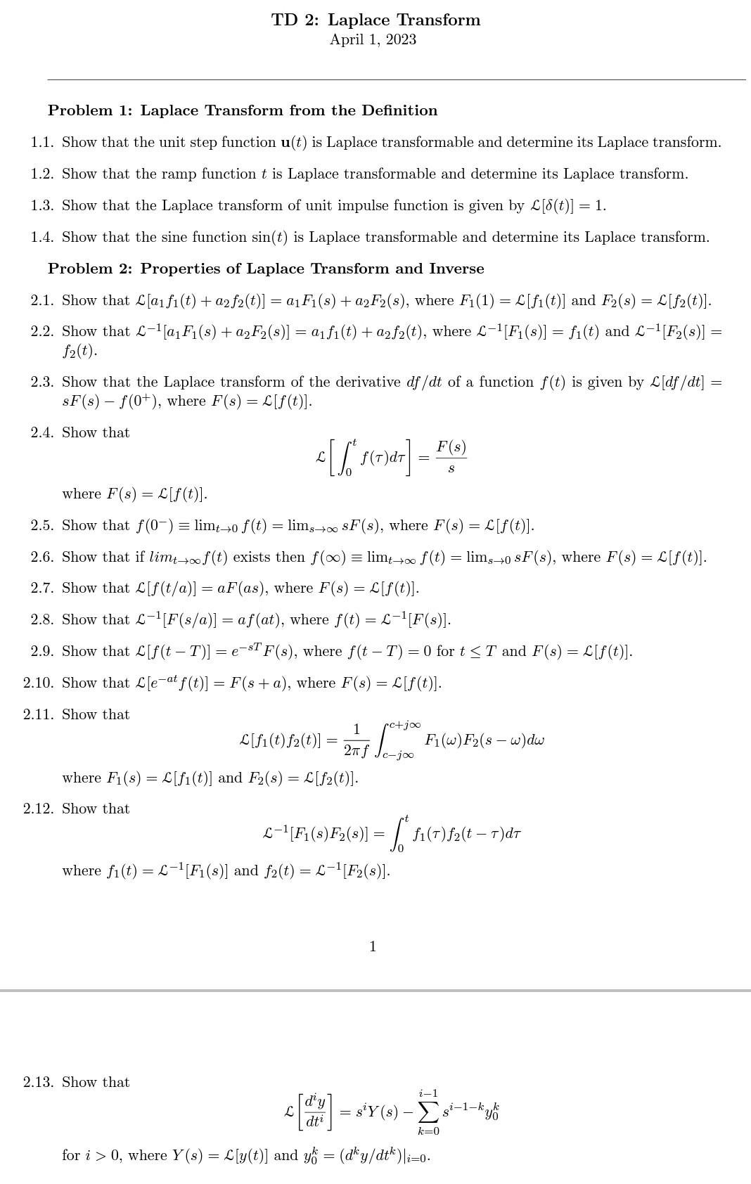 Solved Problem 1: Laplace Transform from the Definition 1.1. | Chegg.com