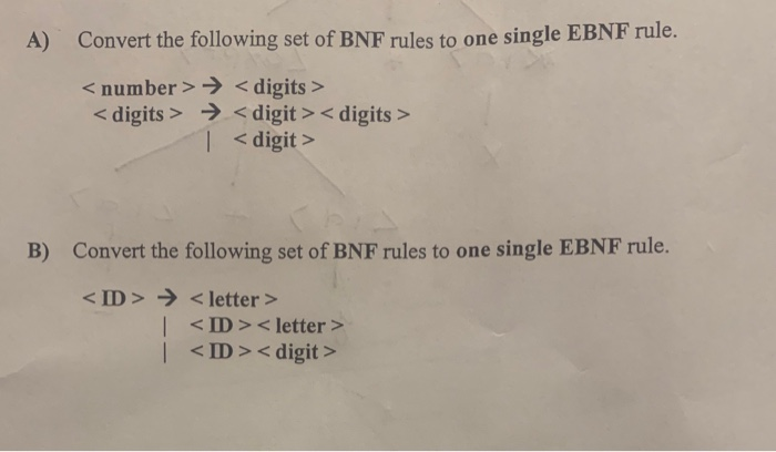Solved A) Convert the following set of BNF rules to one | Chegg.com