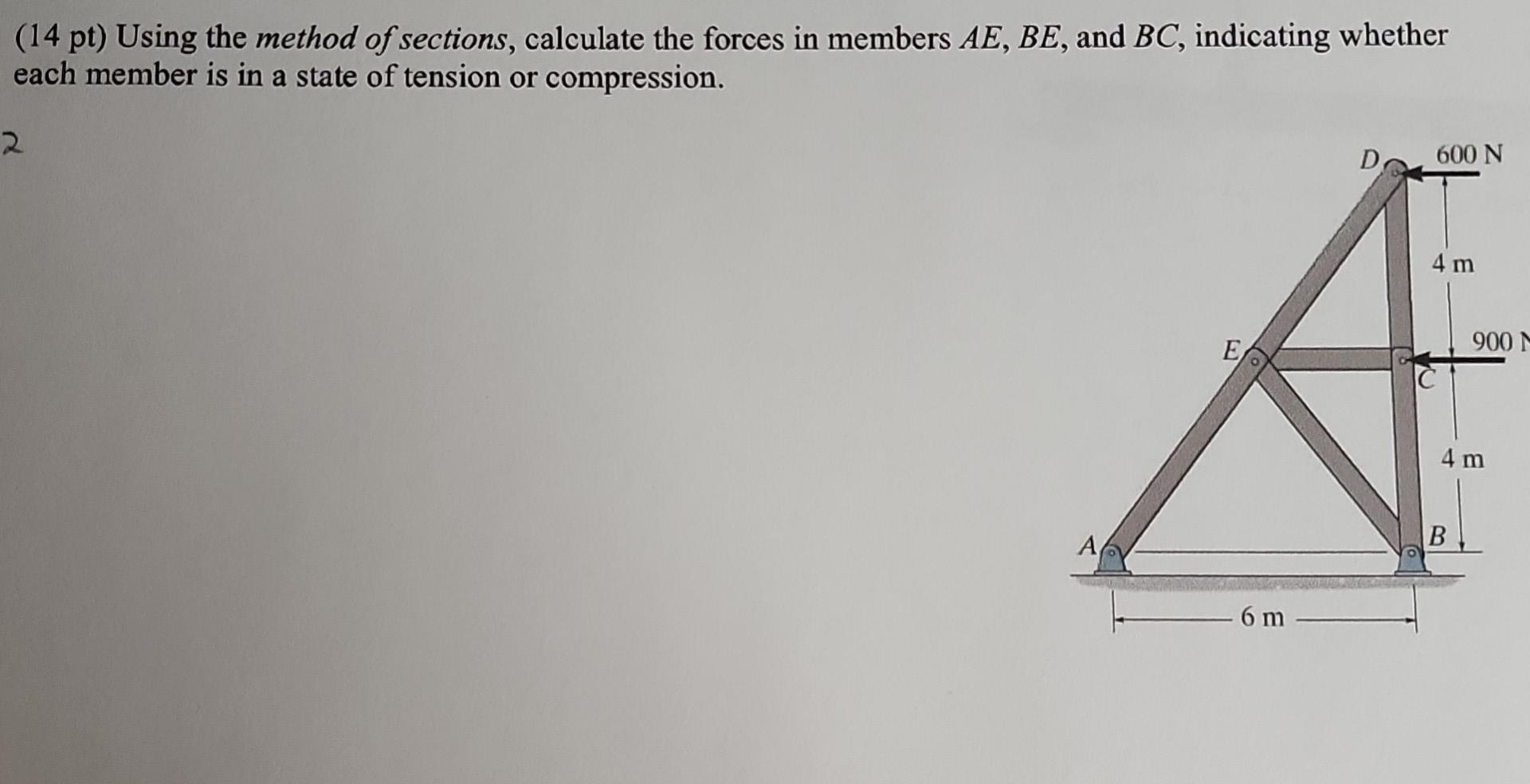 Solved (14 pt ) Using the method of sections, calculate the | Chegg.com