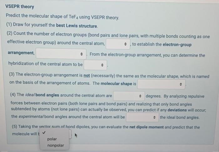 Solved VSEPR theory Predict the molecular shape of TeFA | Chegg.com
