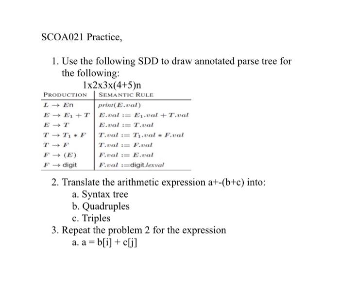 Solved 1 Use The Following Sdd To Draw Annotated Parse Tree
