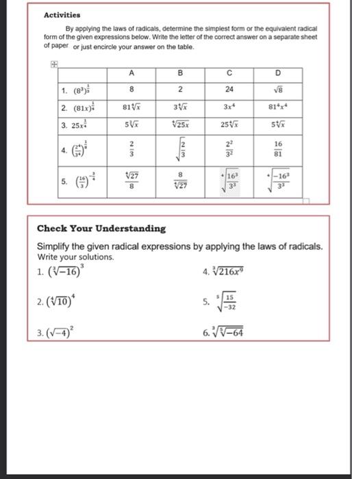 Solved Activities By applying the laws of radicals, | Chegg.com