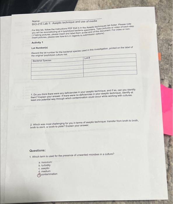 Solved Name: BIO-215 Lab 1: Aseptic technique and use of | Chegg.com