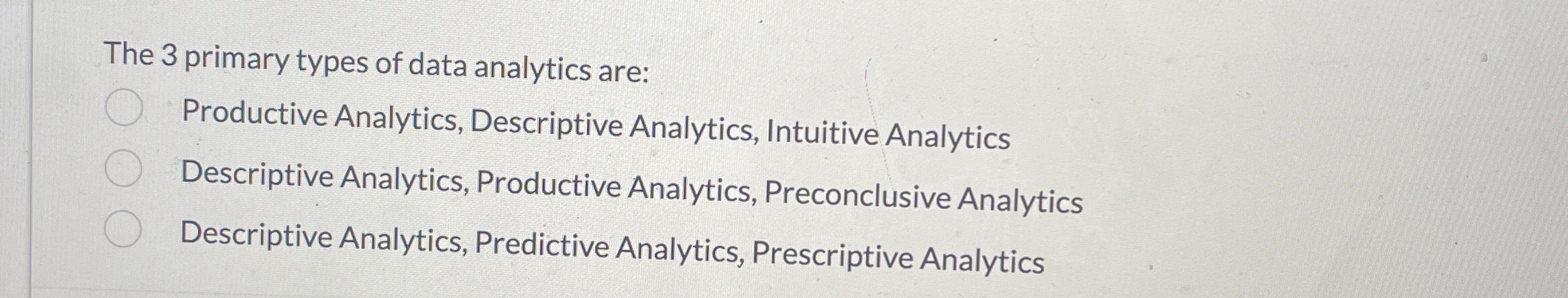 Solved The 3 ﻿primary types of data analytics are:Productive | Chegg.com