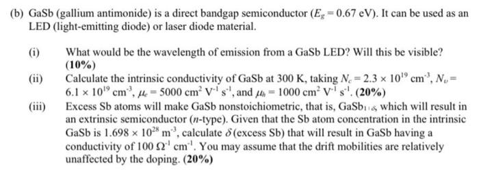 Solved (b) GaSb (gallium antimonide) is a direct bandgap | Chegg.com