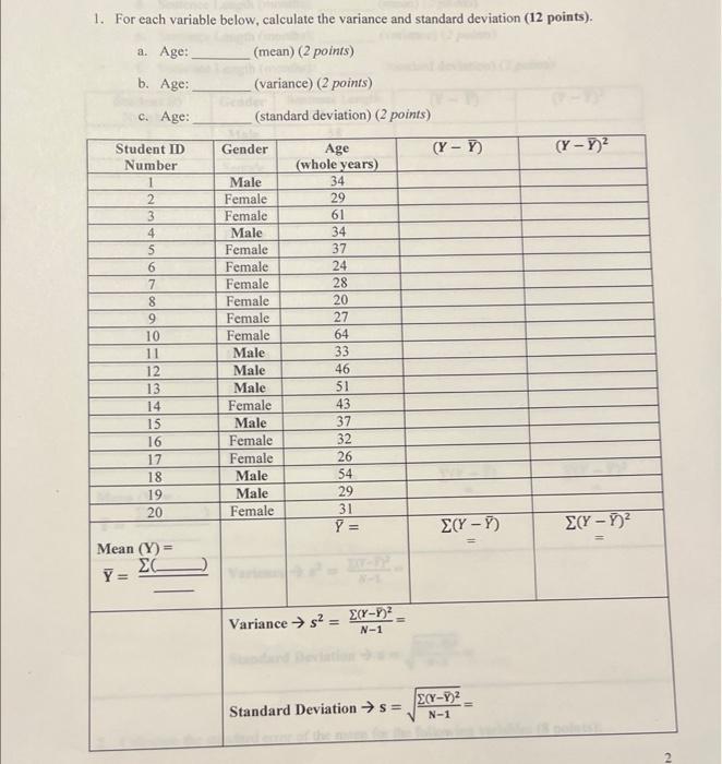 Solved 1. For each variable below, calculate the variance | Chegg.com