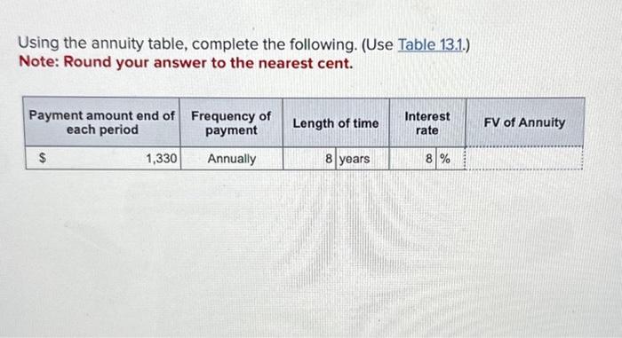 Solved Using the annuity table, complete the following. (Use | Chegg.com