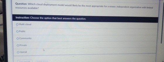 Solved Question: Which cloud deployment model would likely | Chegg.com