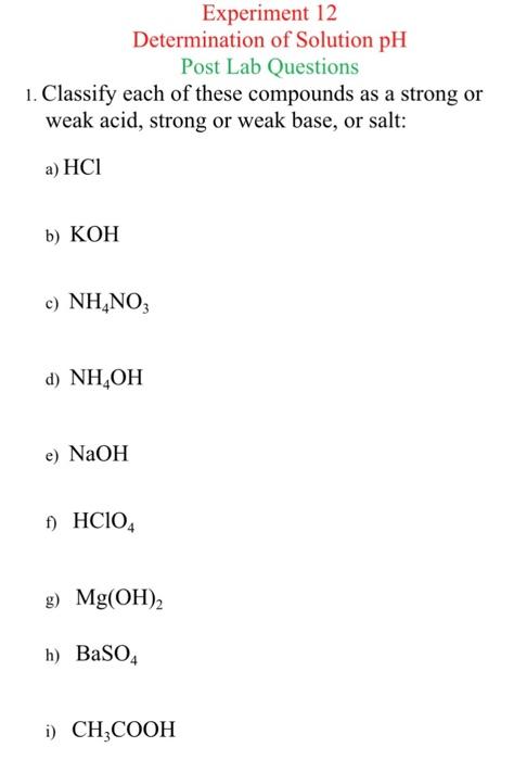 Solved Experiment 12 Determination of Solution pH Post Lab | Chegg.com