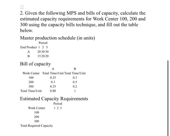 Solved 2. Given the following MPS and bills of capacity, | Chegg.com
