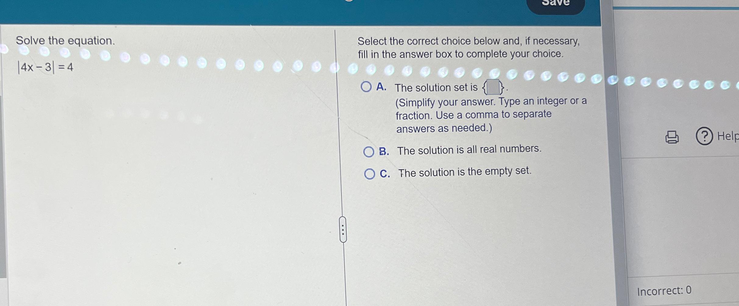 Solved Solve the equation.|4x-3|=4Select the correct choice | Chegg.com