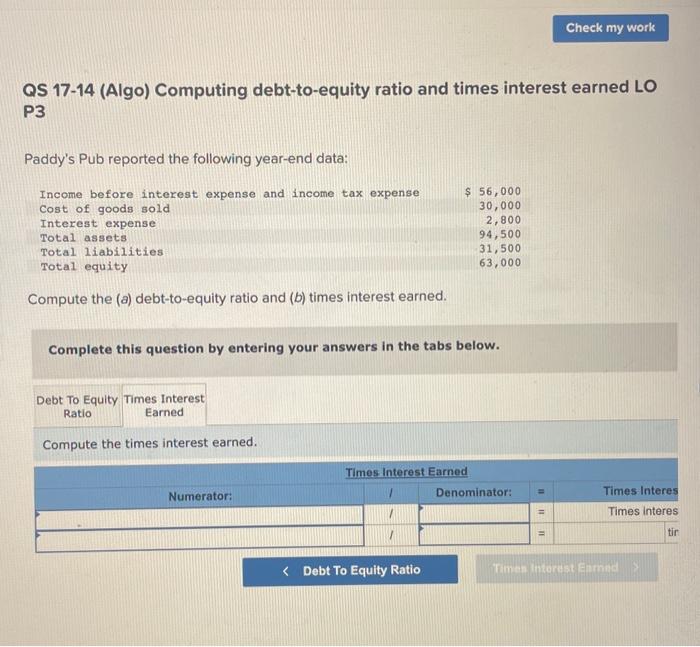 Solved QS 17-14 (Algo) Computing debt-to-equity ratio and | Chegg.com