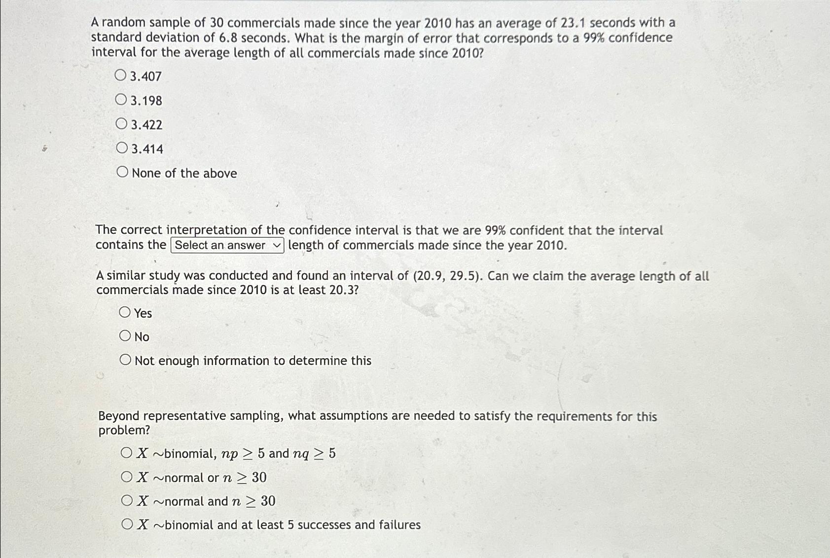 Solved A random sample of 30 ﻿commercials made since the | Chegg.com