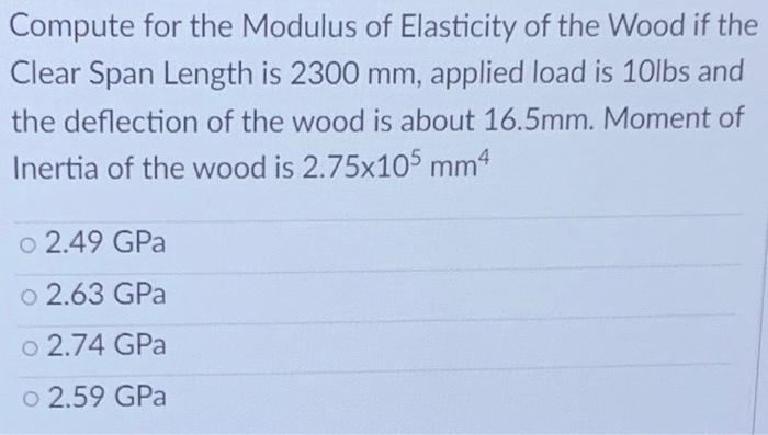 Solved Compute for the Modulus of Elasticity of the Wood if | Chegg.com