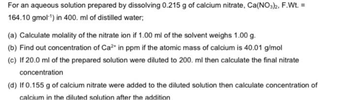 Solved For an aqueous solution prepared by dissolving 0.215 | Chegg.com