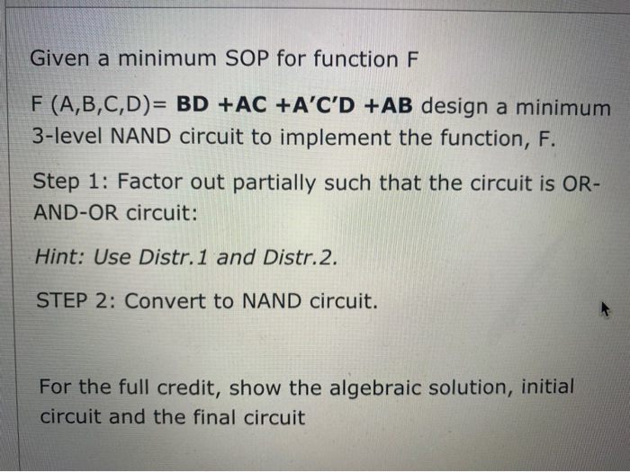 Solved Given a minimum SOP for function F F (A,B,C,D)= BD | Chegg.com
