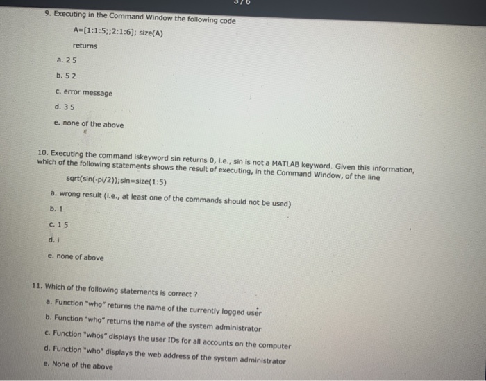 Solved 9 Executing In The Command Window The Following Code