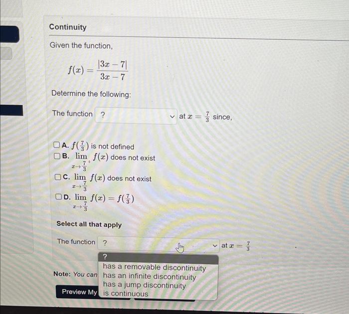 Solved Given the function, f(x)=3x−7∣3x−7∣ Determine the | Chegg.com