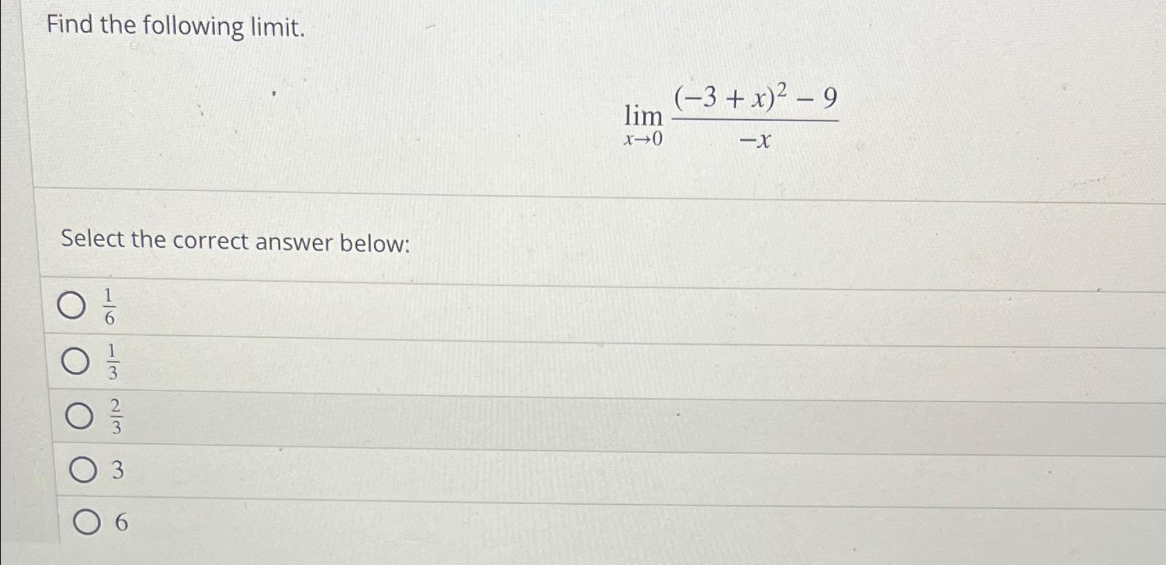 Solved Find the following limit.limx→0(-3+x)2-9-xSelect the | Chegg.com