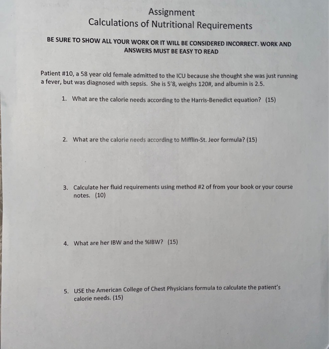 Solved Assignment Calculations of Nutritional Requirements | Chegg.com