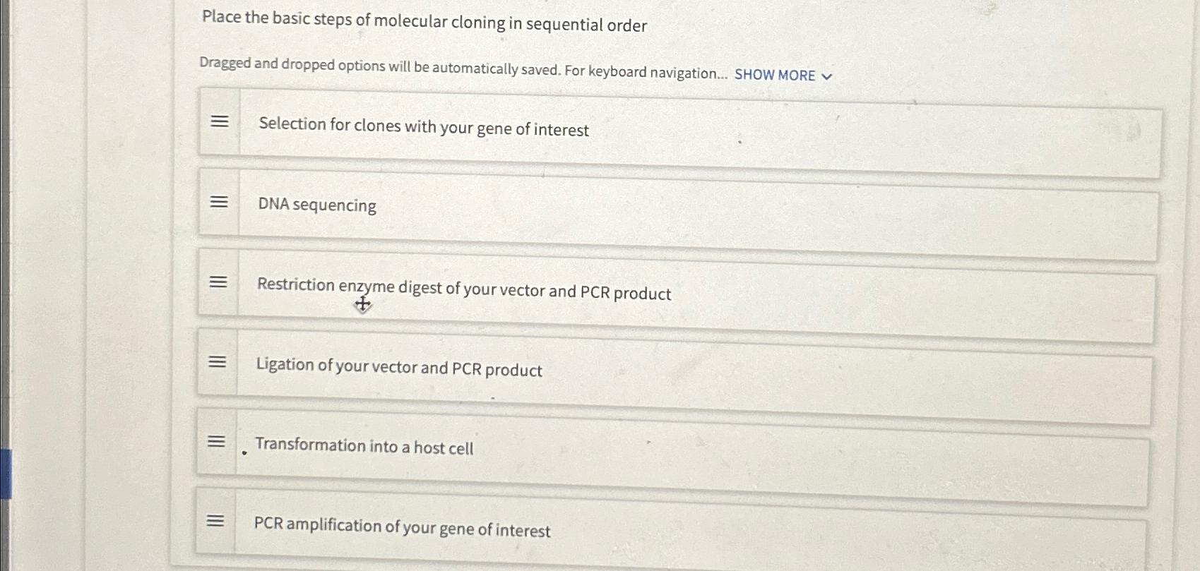 Solved Place the basic steps of molecular cloning in | Chegg.com