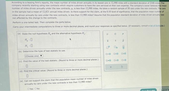 Solved According to a leasing firm's reports, the mean | Chegg.com