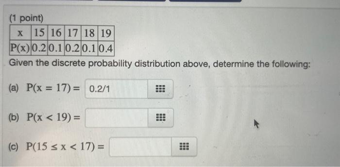 Solved (1 point) Given the discrete probability distribution | Chegg.com