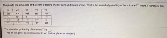 Solved The results of a simulation of the event of tossing | Chegg.com