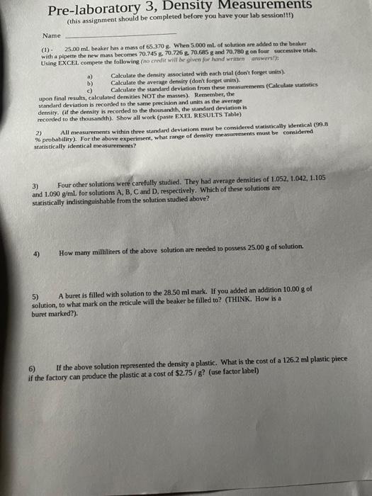 Pre-laboratory 3, Density Measurements (this | Chegg.com