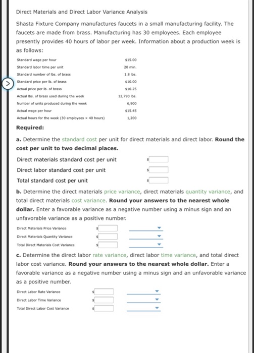 Solved Direct Materials and Direct Labor Variance Analysis | Chegg.com