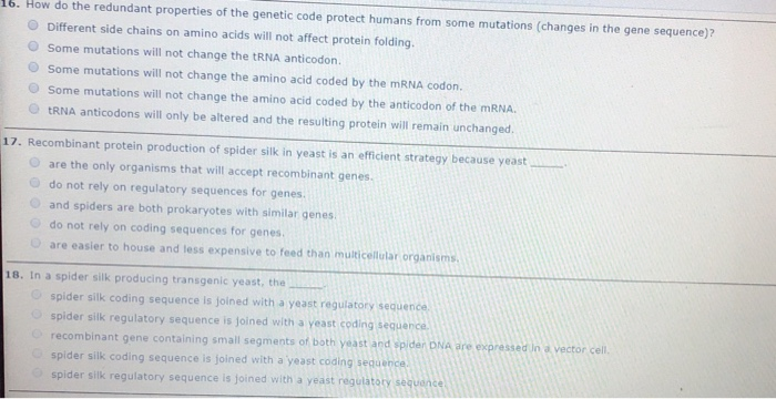 Solved 16. How do the redundant properties of the genetic | Chegg.com