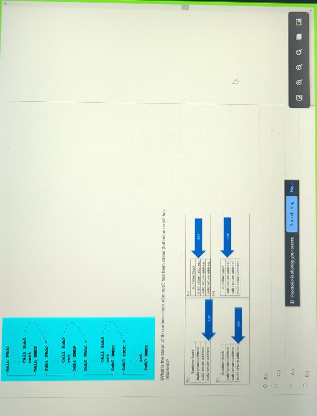 Solved What is the status of the runtime stack after sub3 | Chegg.com