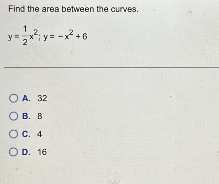 Solved Find the area between the curves. y=21x2;y=−x2+6 A. | Chegg.com