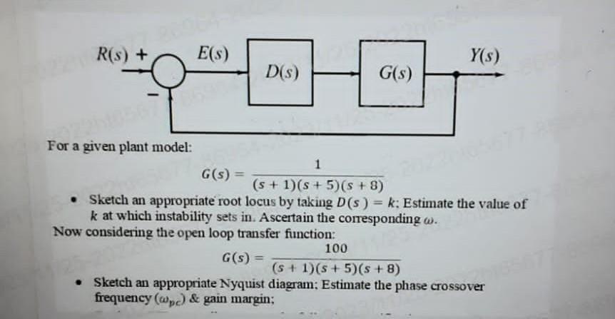 Solved For a given plant model: G(s)=(s+1)(s+5)(s+8)1 - | Chegg.com