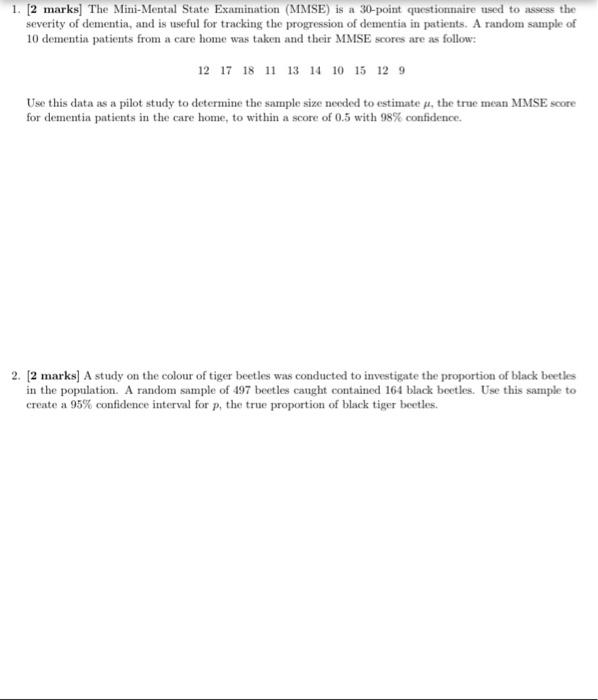 Solved 1. [2 marks] The Mini-Mental State Examination (MMSE) | Chegg.com