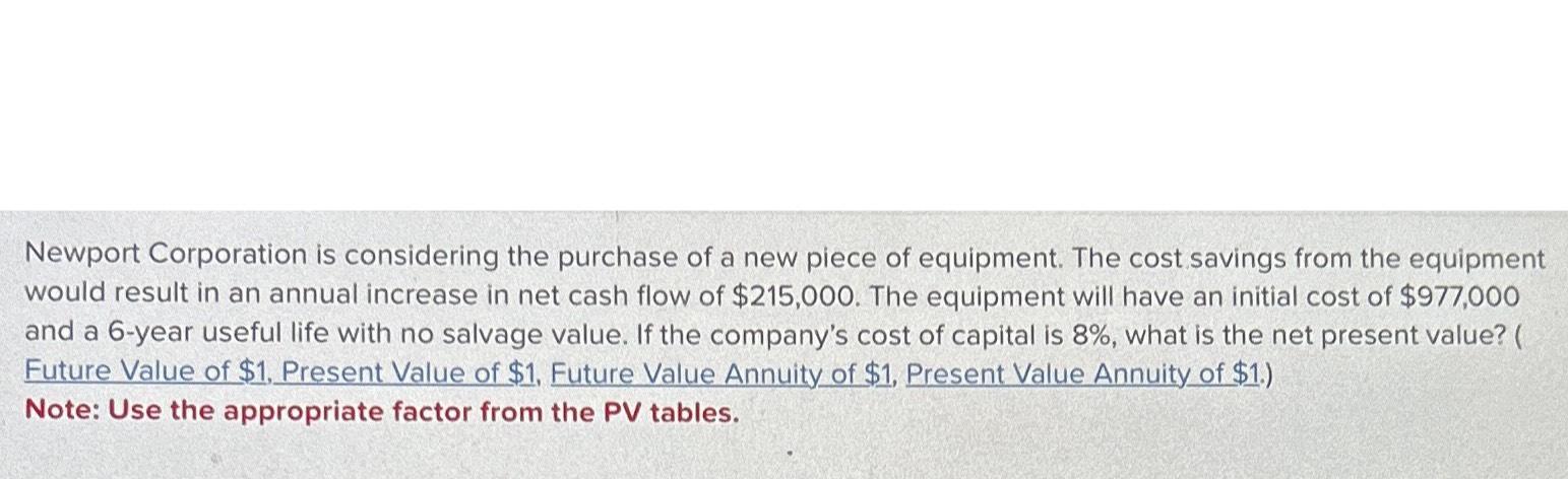 Solved Newport Corporation is considering the purchase of a | Chegg.com