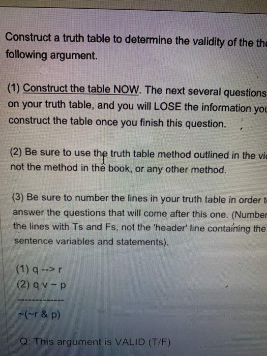 Solved Construct a truth table to determine the validity of | Chegg.com