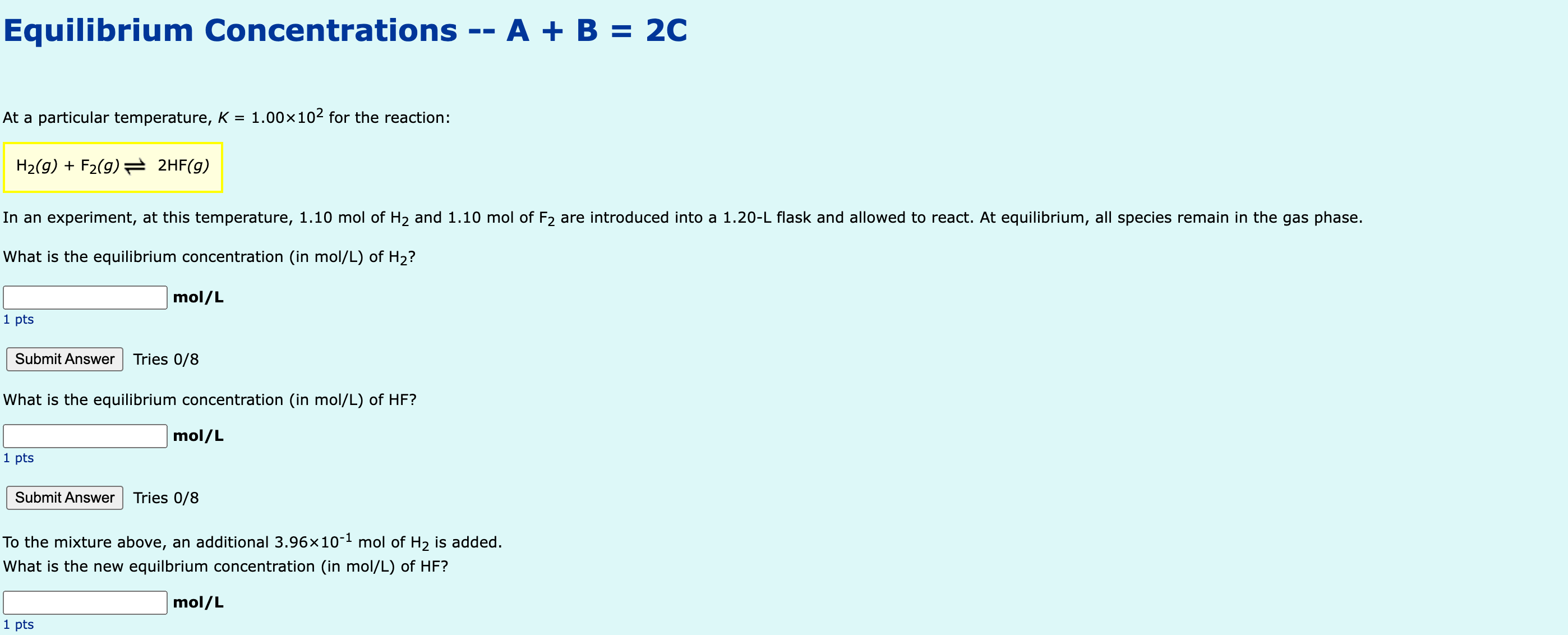 Solved Equilibrium Concentrations -- ﻿A +B=2CAt a particular | Chegg.com
