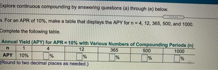 Solved For an APR of 10%, make a table that displays the APY | Chegg.com